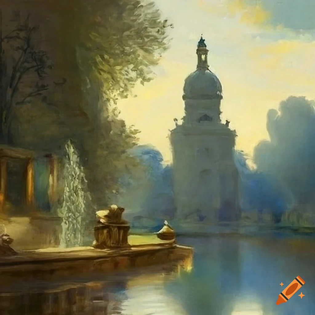 Neoclassical landscape painting with a house and fountain on Craiyon