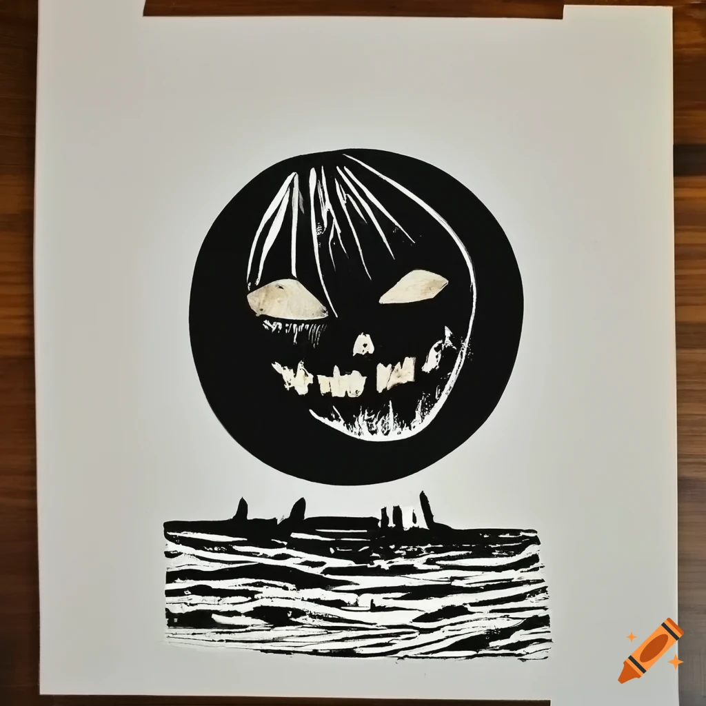 Black and white linocut print of a spooky moon with a jack o lantern ...