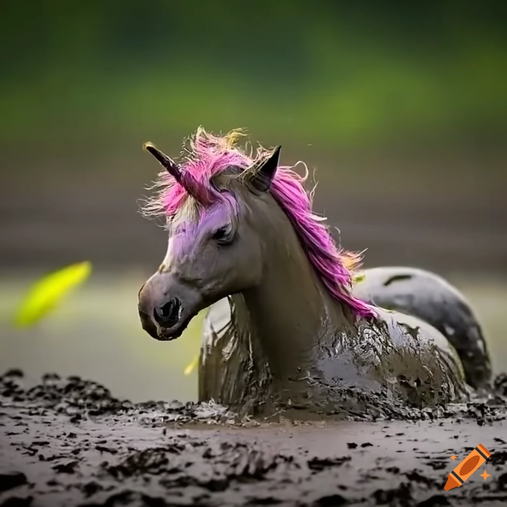 Muddy unicorn enjoying in nature on Craiyon