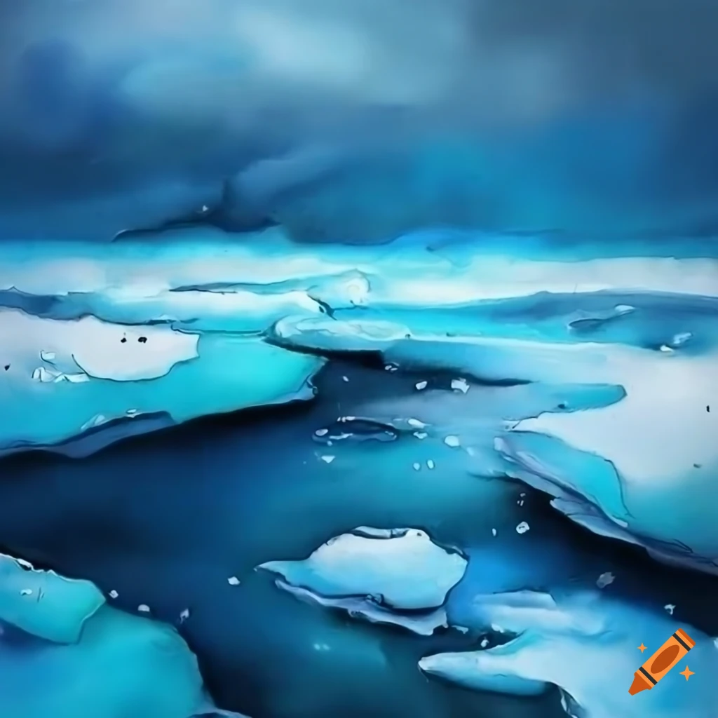 Detailed ink drawing of a desolate snowy island with stormy ocean on ...