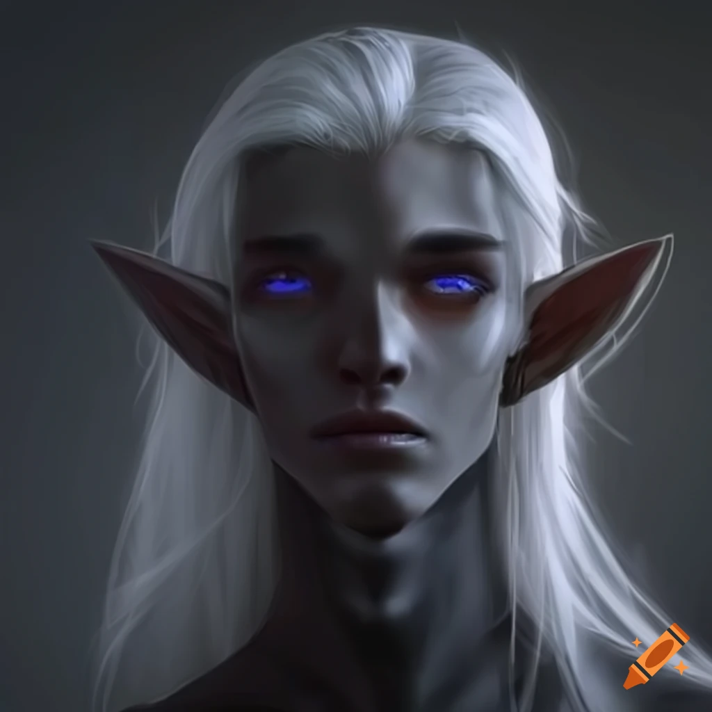 Illustration of a black-skinned elf with long white hair and white eyes ...