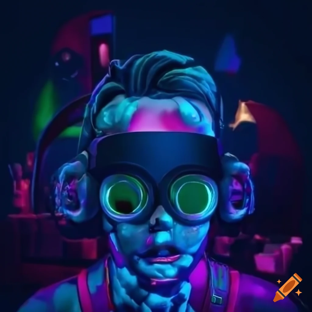 Purple cartoon character djing at a vibrant booth on Craiyon