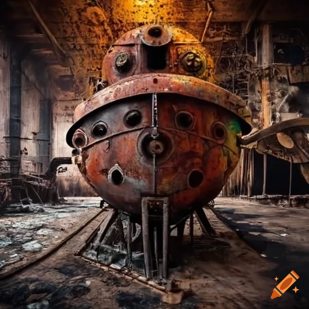 Image of an old and rusted steampunk submarine in a deserted shipyard ...