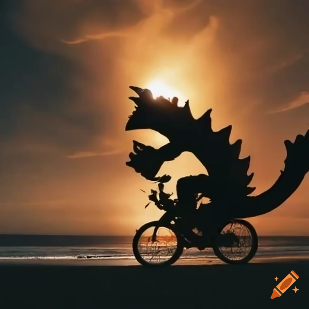 Fantasy artwork of a dragon riding a bike at the beach on Craiyon