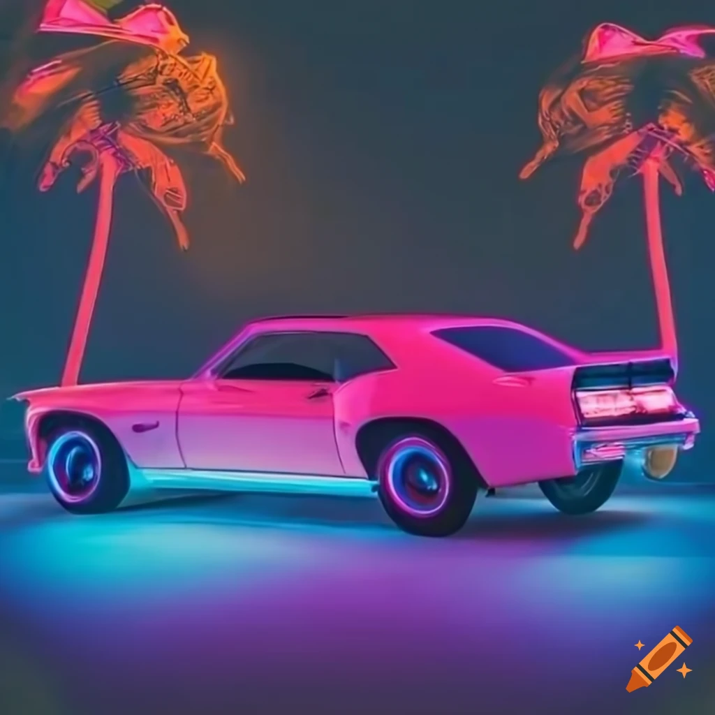 Neon-lit camaro parked by palm trees on Craiyon