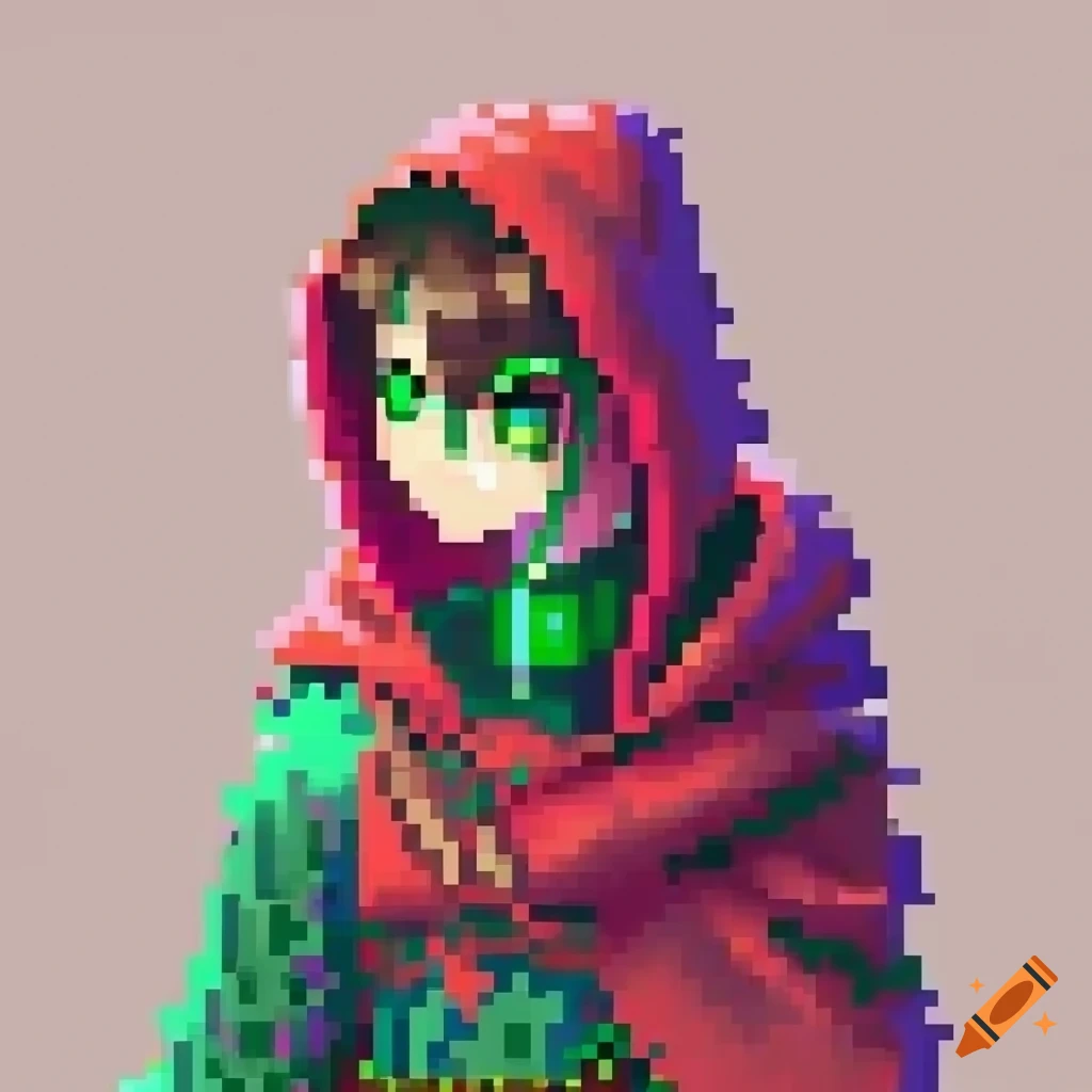 Pixelart illustration of elyan with glowing green eyes on Craiyon
