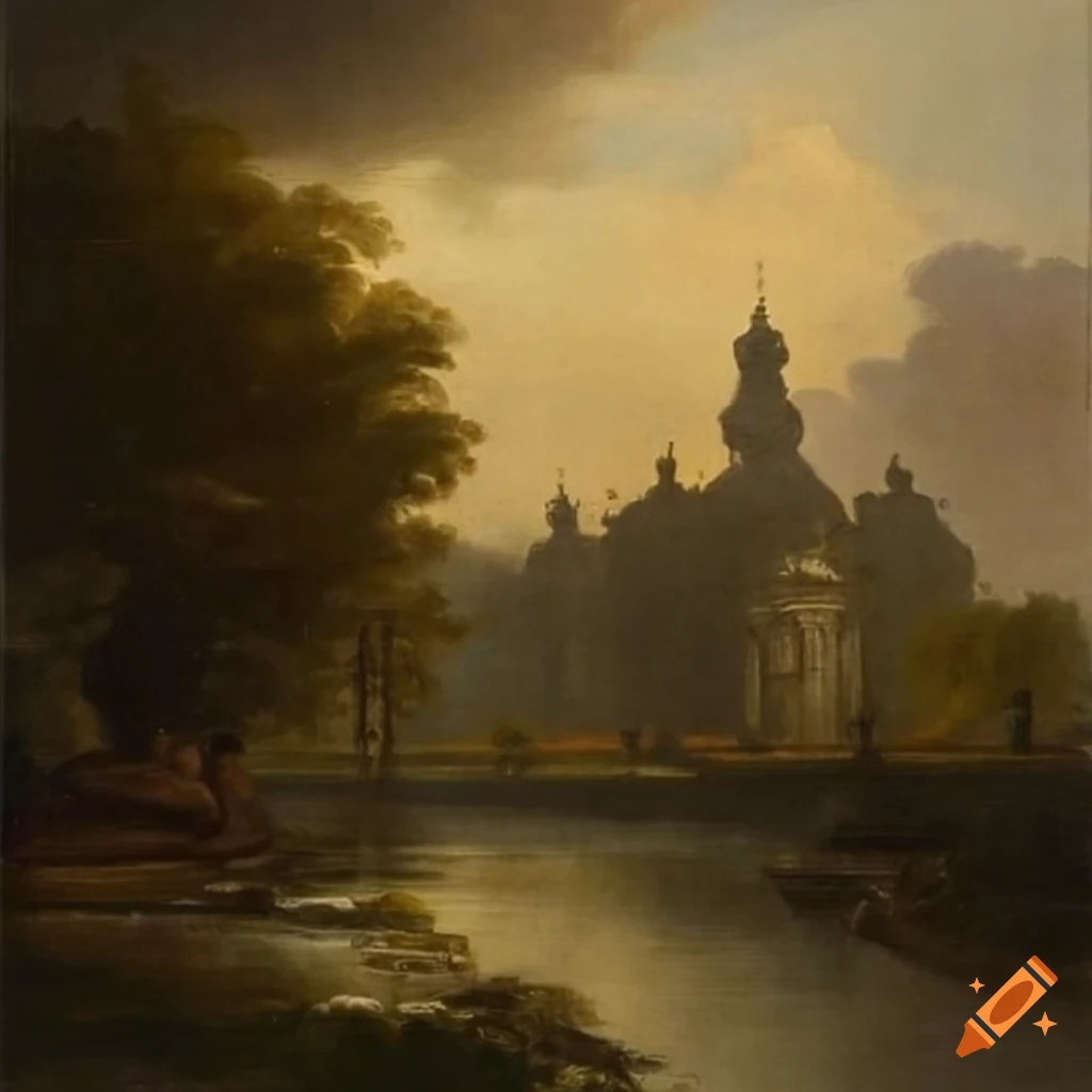 Neoclassical landscape painting with a house and running water on Craiyon