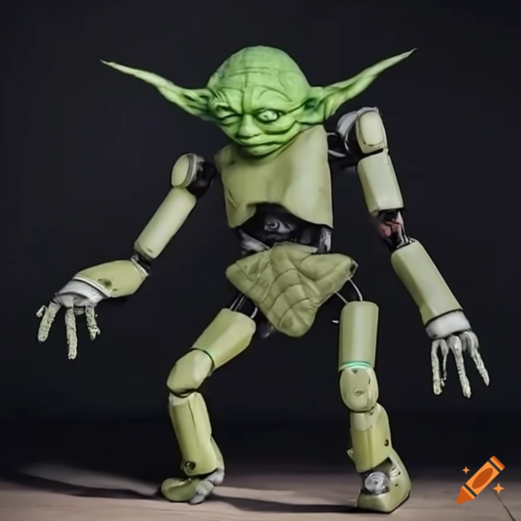 Artistic robot made of recycled materials dancing yoga