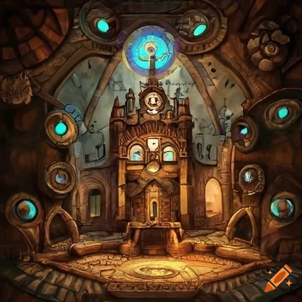 Image of a steampunk mayan church with eyes
