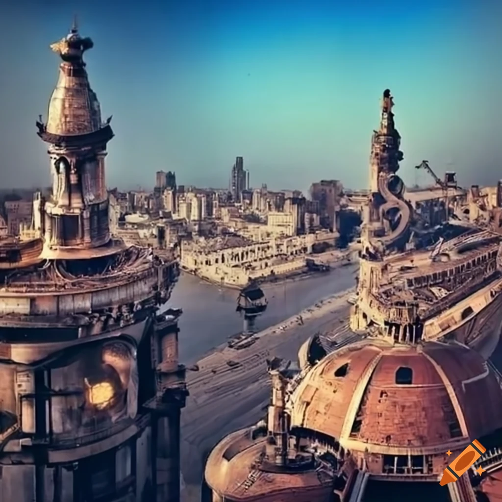 Aerial view of a futuristic steampunk city