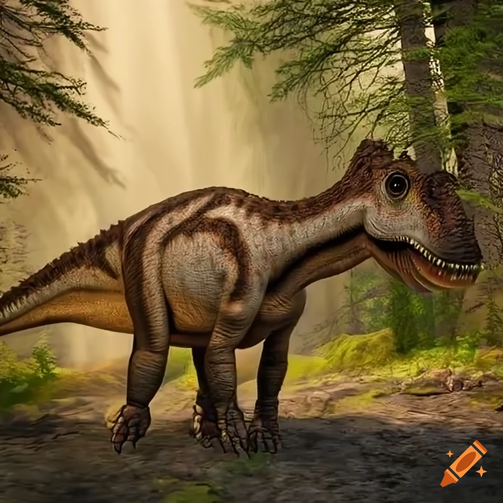 Two Hadrosaurus dinosaurs walking in a forest landscape on Craiyon