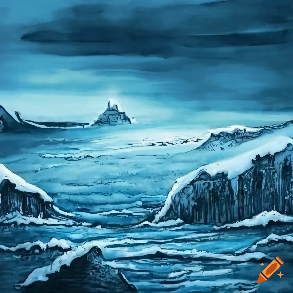 Ink drawing of a desolate island in a stormy ocean