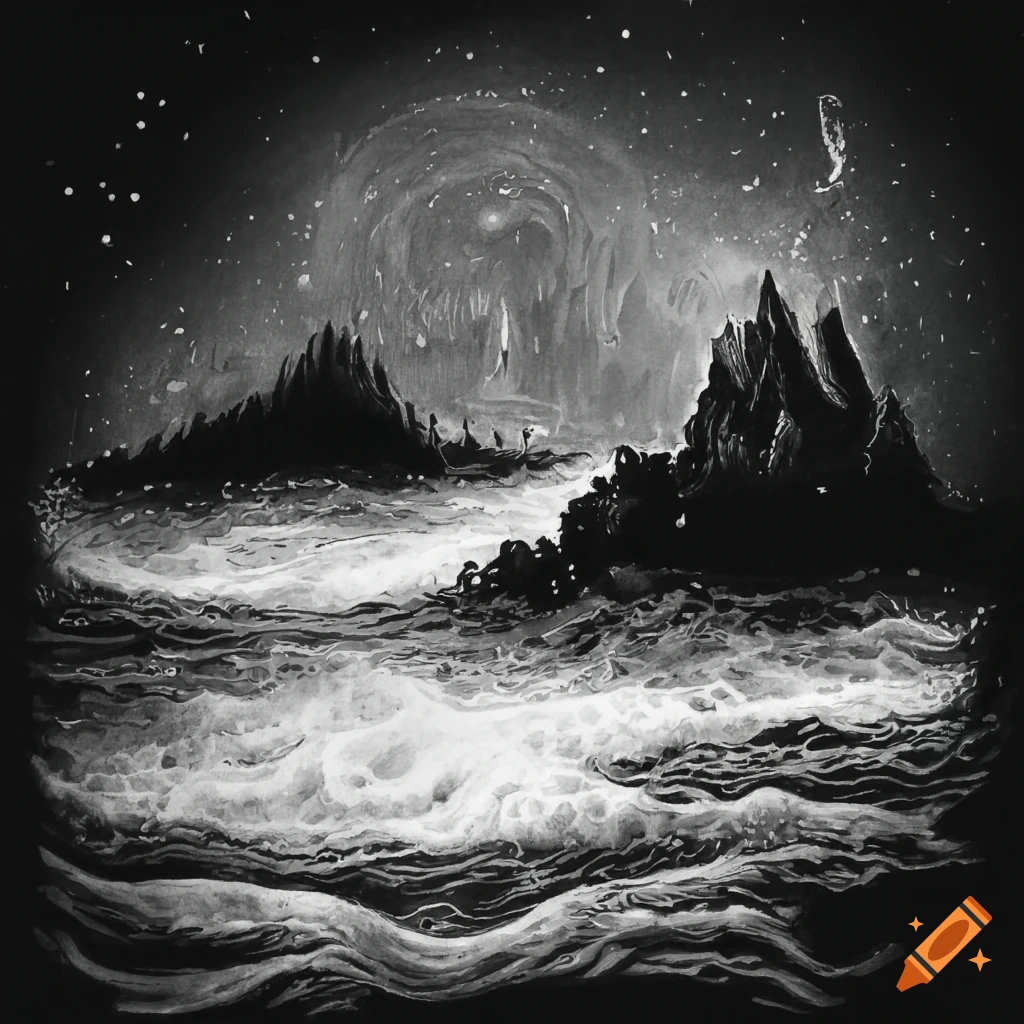 Black and white ink drawing of a stormy island on Craiyon