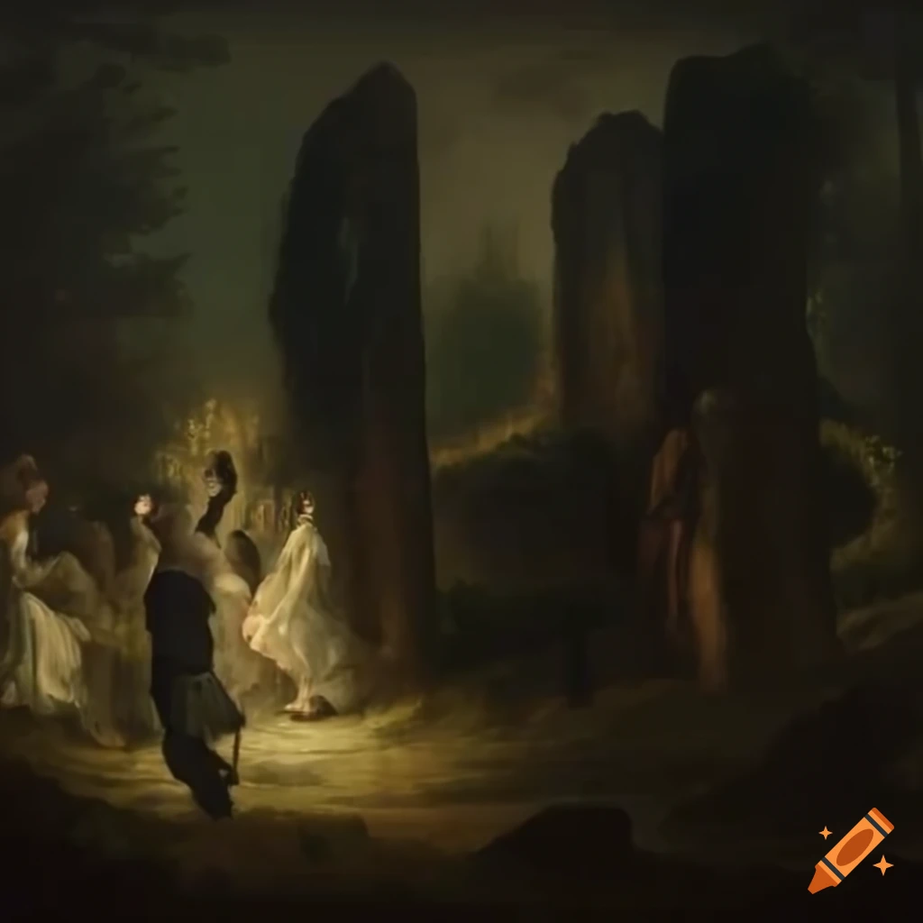Dark baroque painting of a forest with standing stones and dancing ...