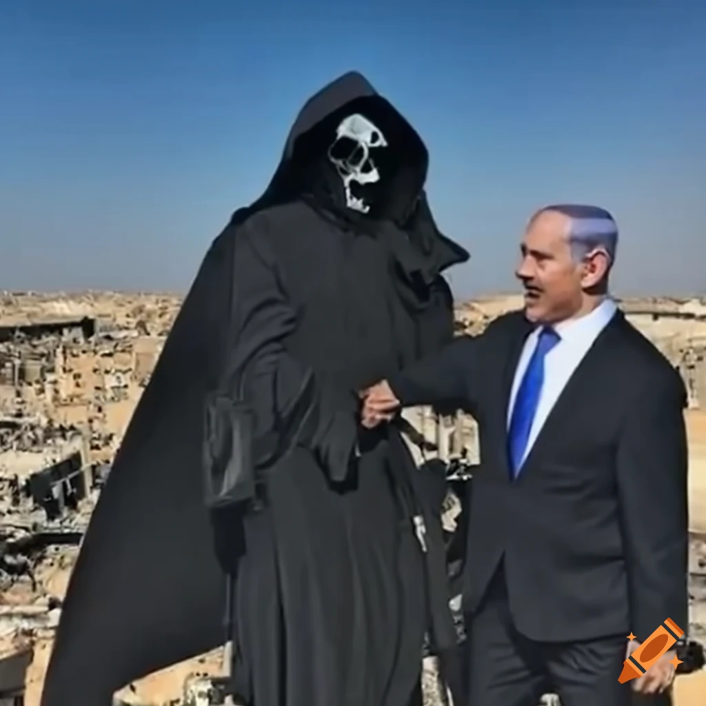 Satirical image of benjamin netanyahu and the grim reaper laughing on ...