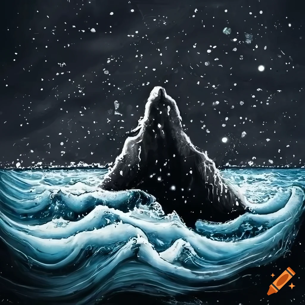 Illustration of a stormy sea with a northern island