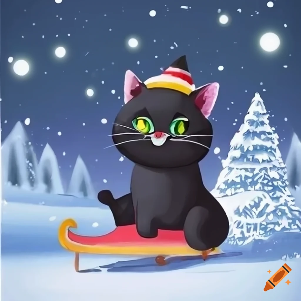 Cartoon art of a black cat sled riding in the snow on Craiyon