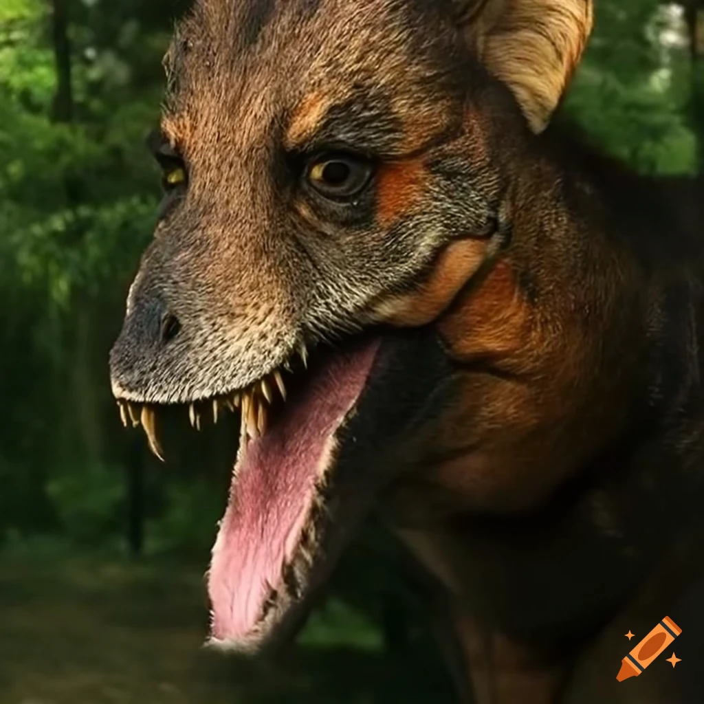 Digital art of a fierce t-rex and fox hybrid in a forest on Craiyon