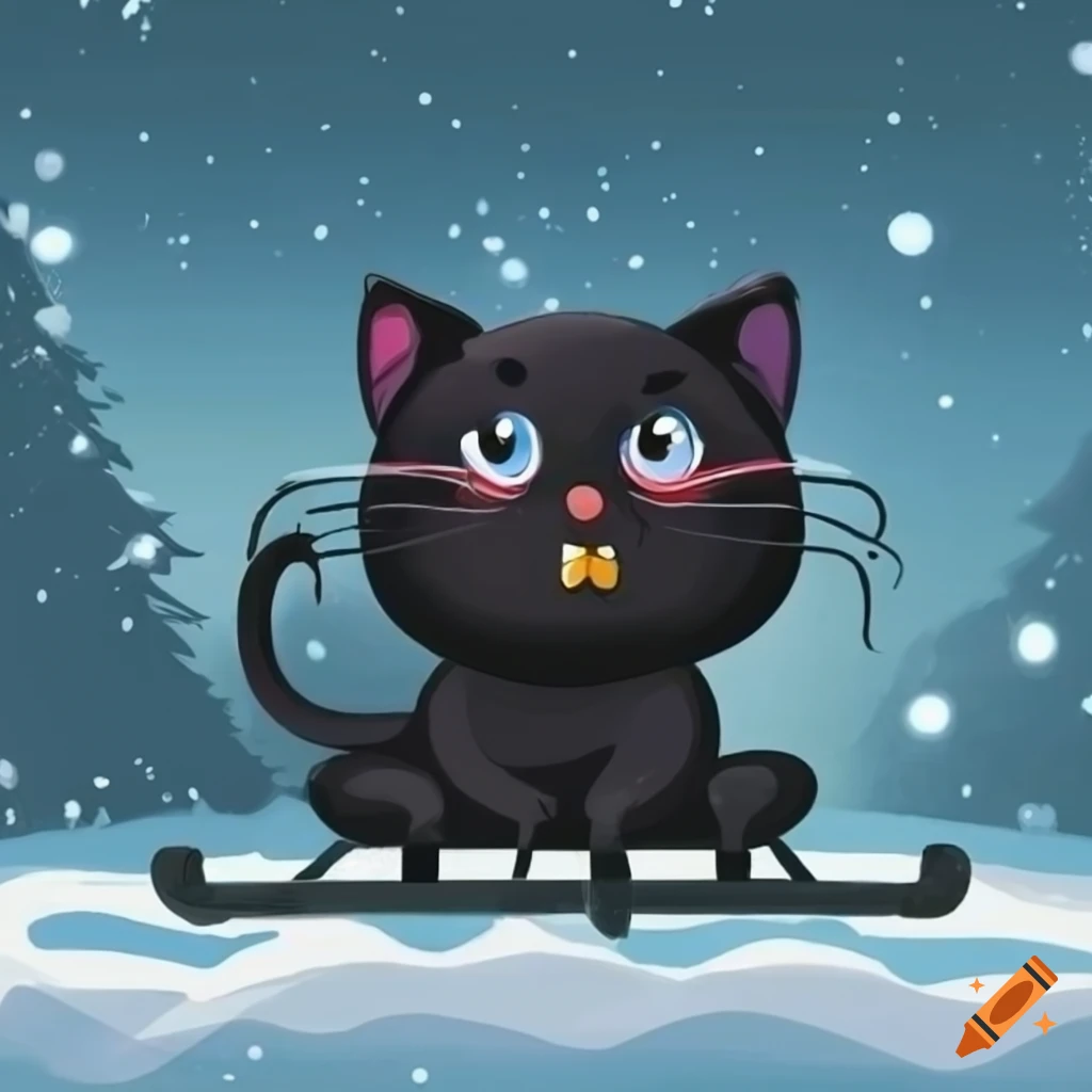 Cartoon art of a black cat on a winter sled