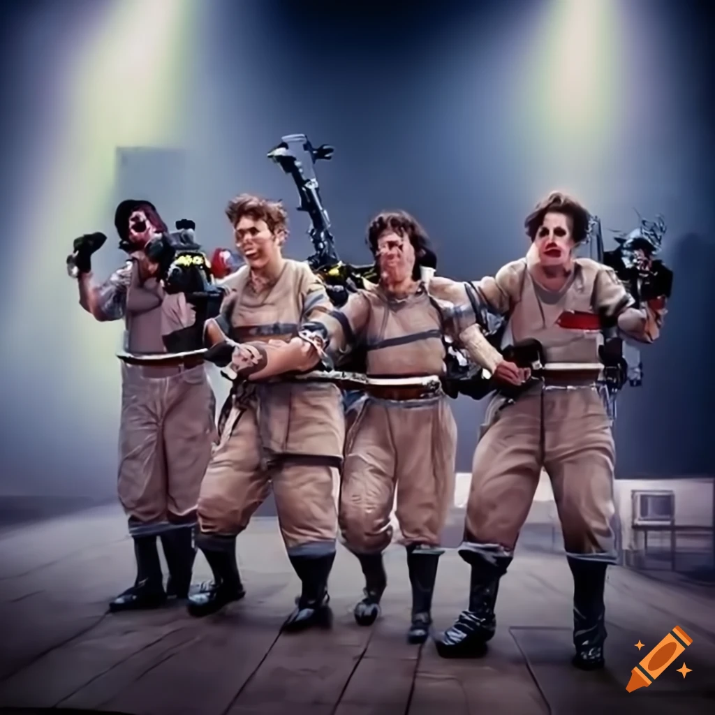Realistic ghostbusters performing a rock show