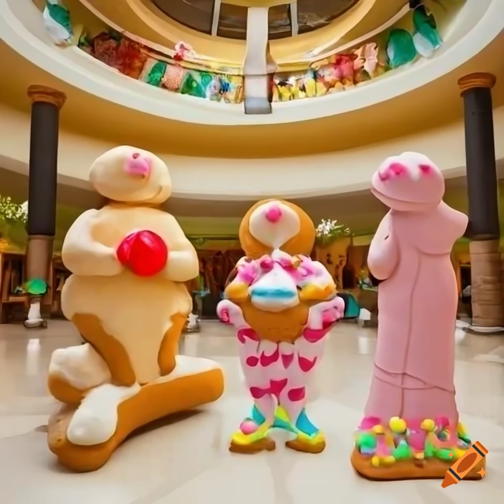 Giant sugar cookie statues in a decorative lobby on Craiyon