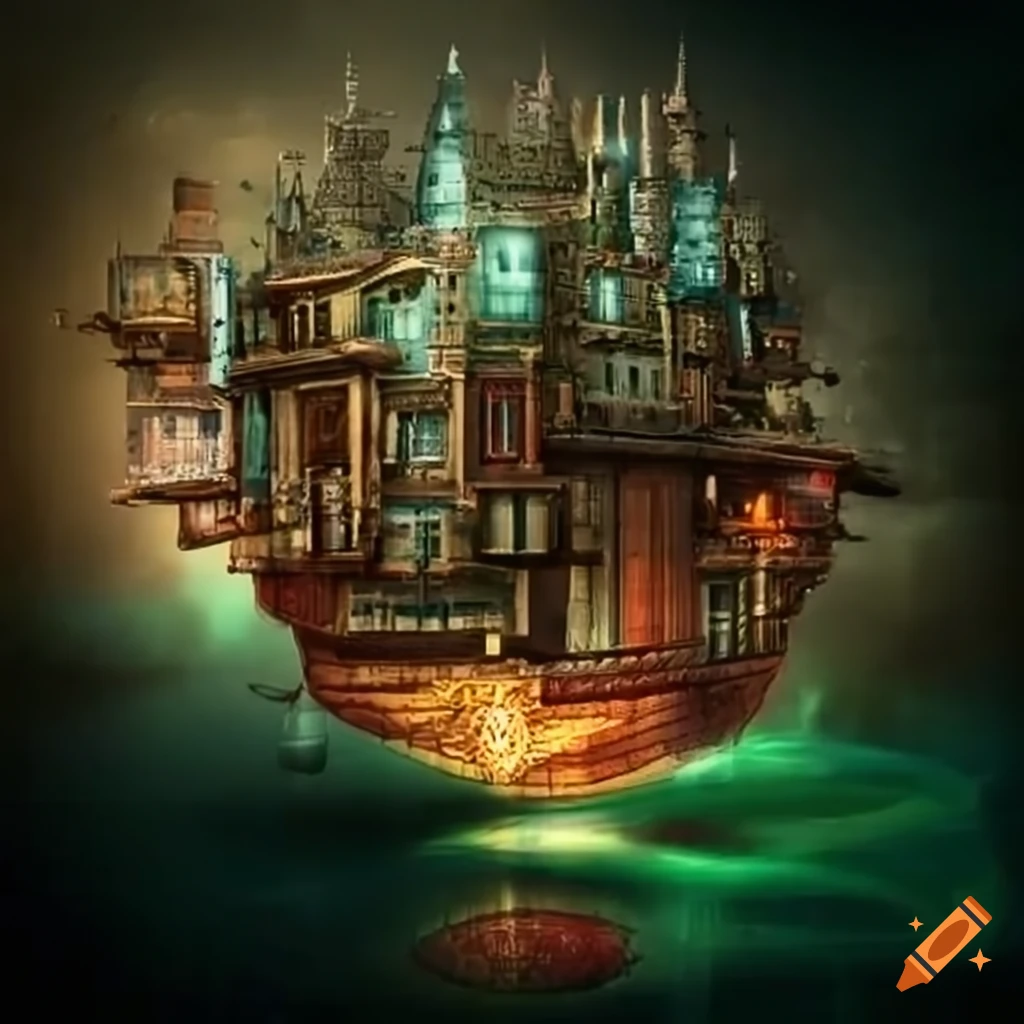 Steampunk floating city in red, green, white, and gold colors on Craiyon