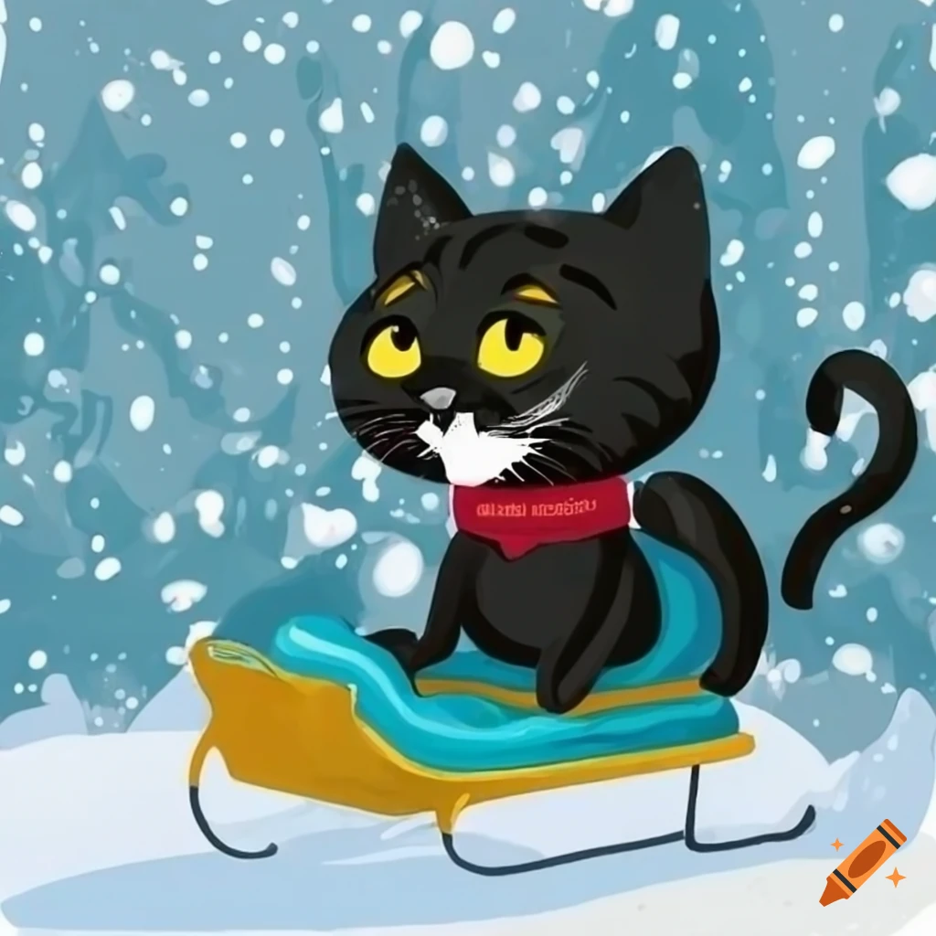 Cartoon art of a black cat riding a sled in the snow on Craiyon