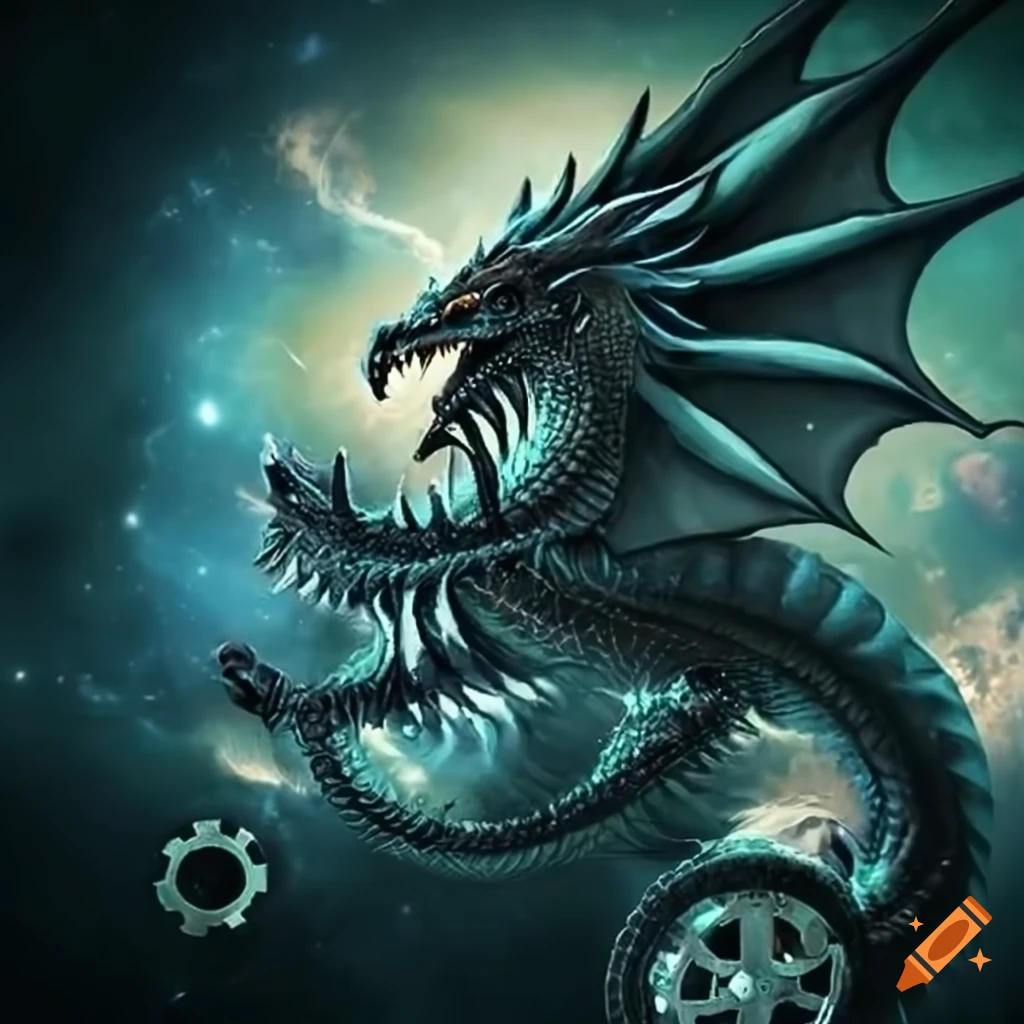 Artwork of a mystical time dragon surrounded by gears on Craiyon