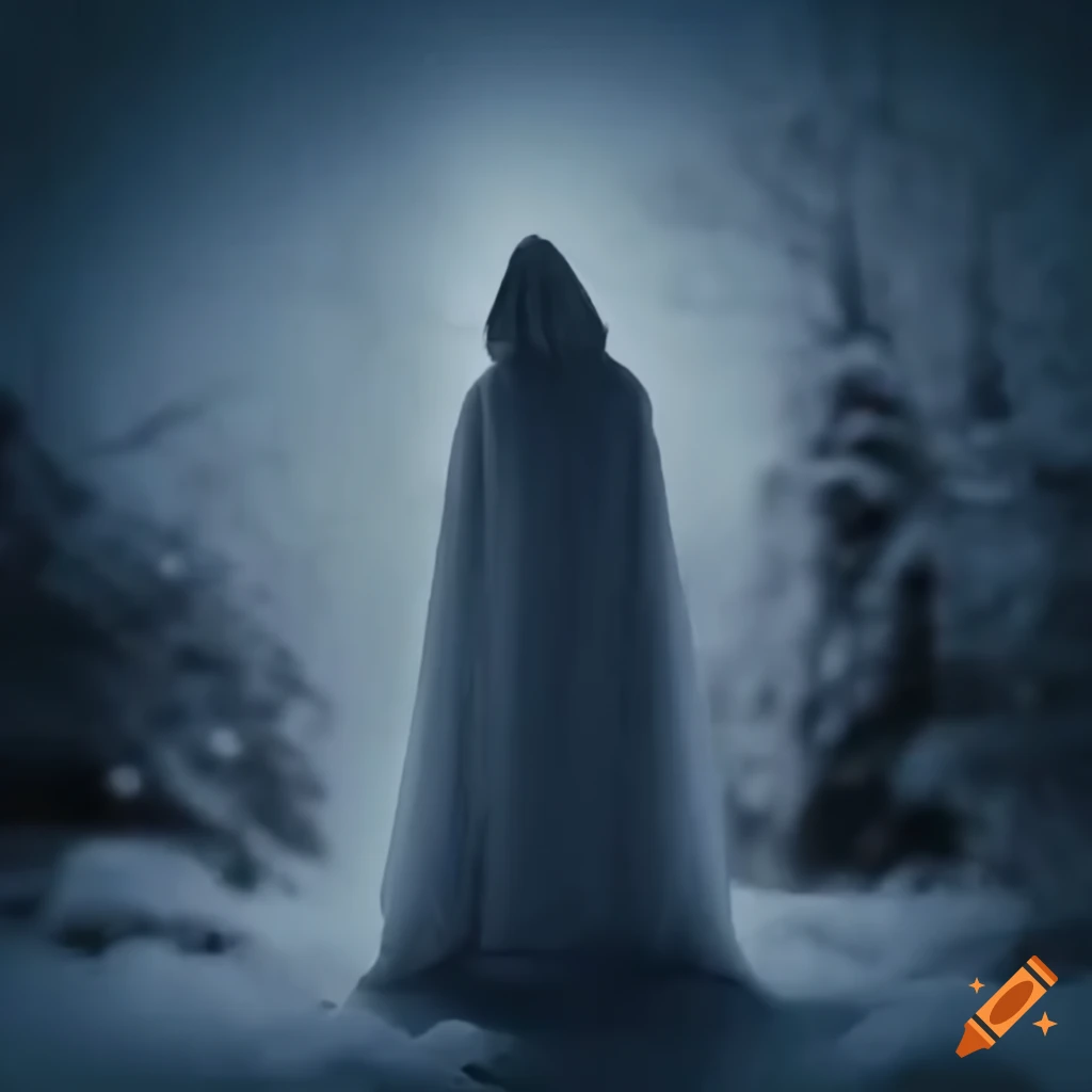 Snowy scene with a figure in a white cloak and angel wings on Craiyon