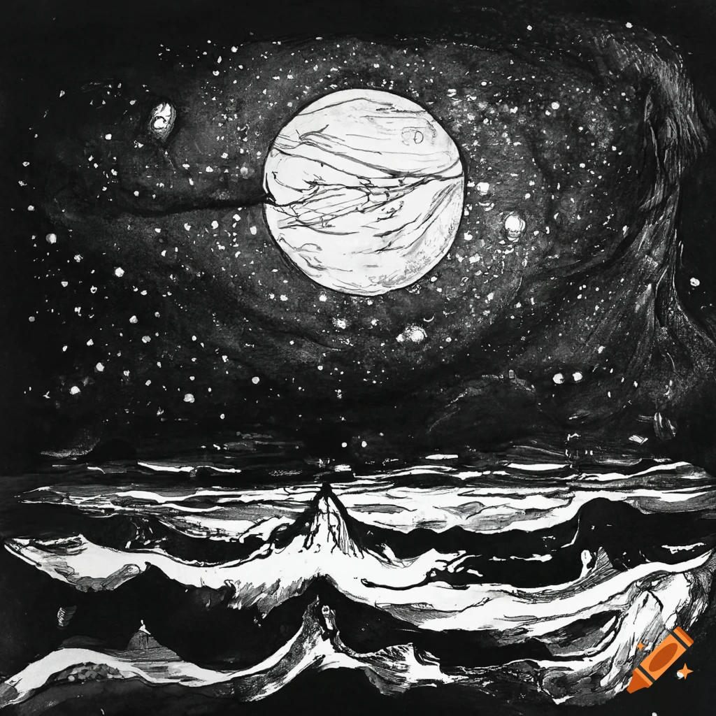 Ink drawing of a desolate island in stormy waters