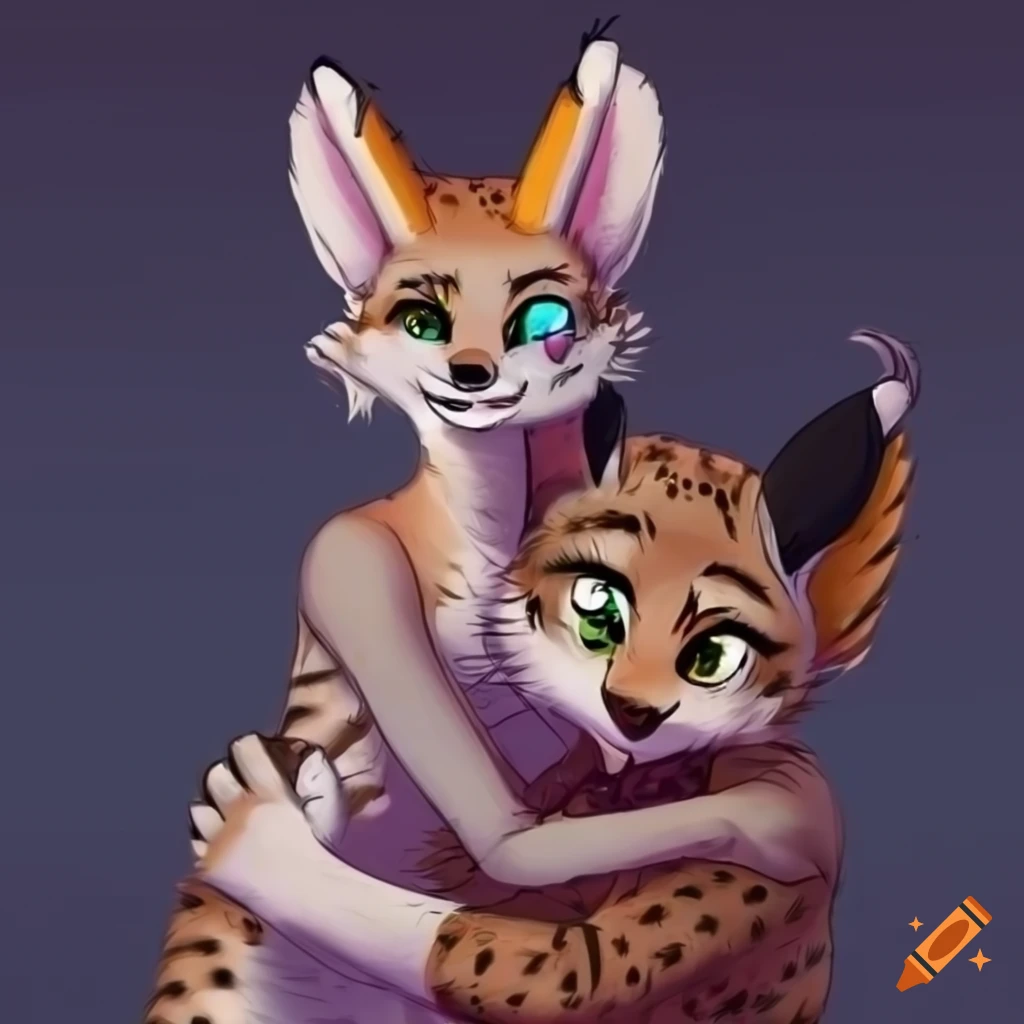 Digital art of a female Fennec and lynx fursona hugging on Craiyon