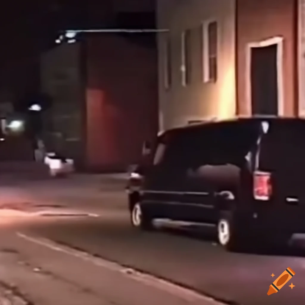 Nighttime CCTV footage of a black Ford E-350 driving past gang members ...
