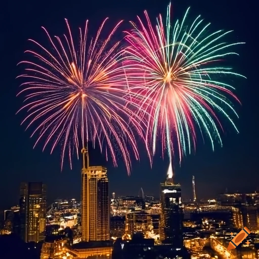 City in snowy night with fireworks from top view on Craiyon