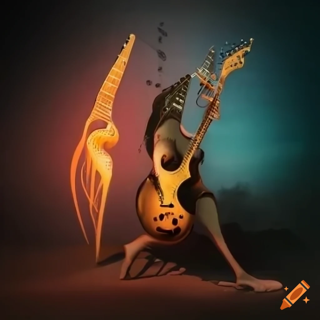 Surreal image of a musician playing electric guitar surrounded by ...