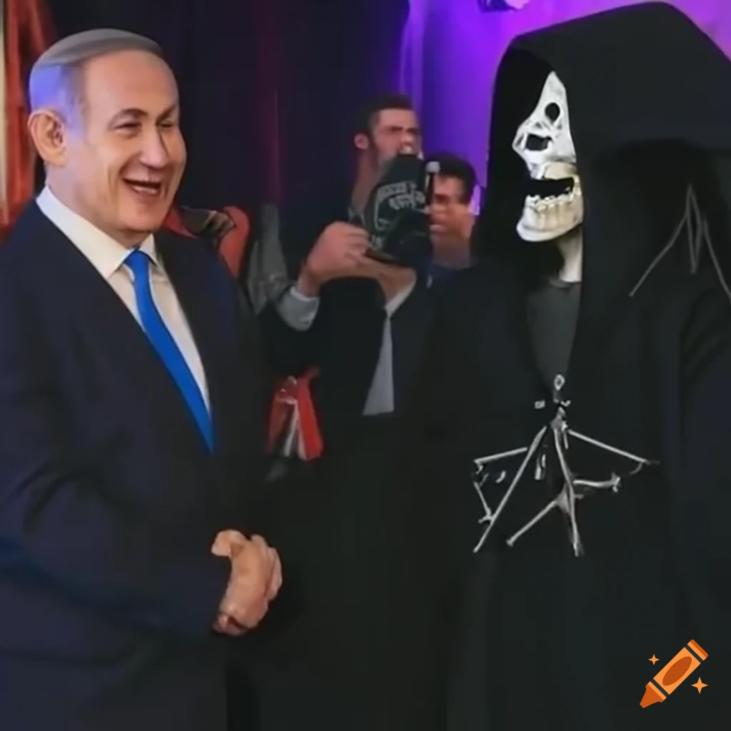 Satirical image of Benjamin Netanyahu and the Grim Reaper laughing on ...