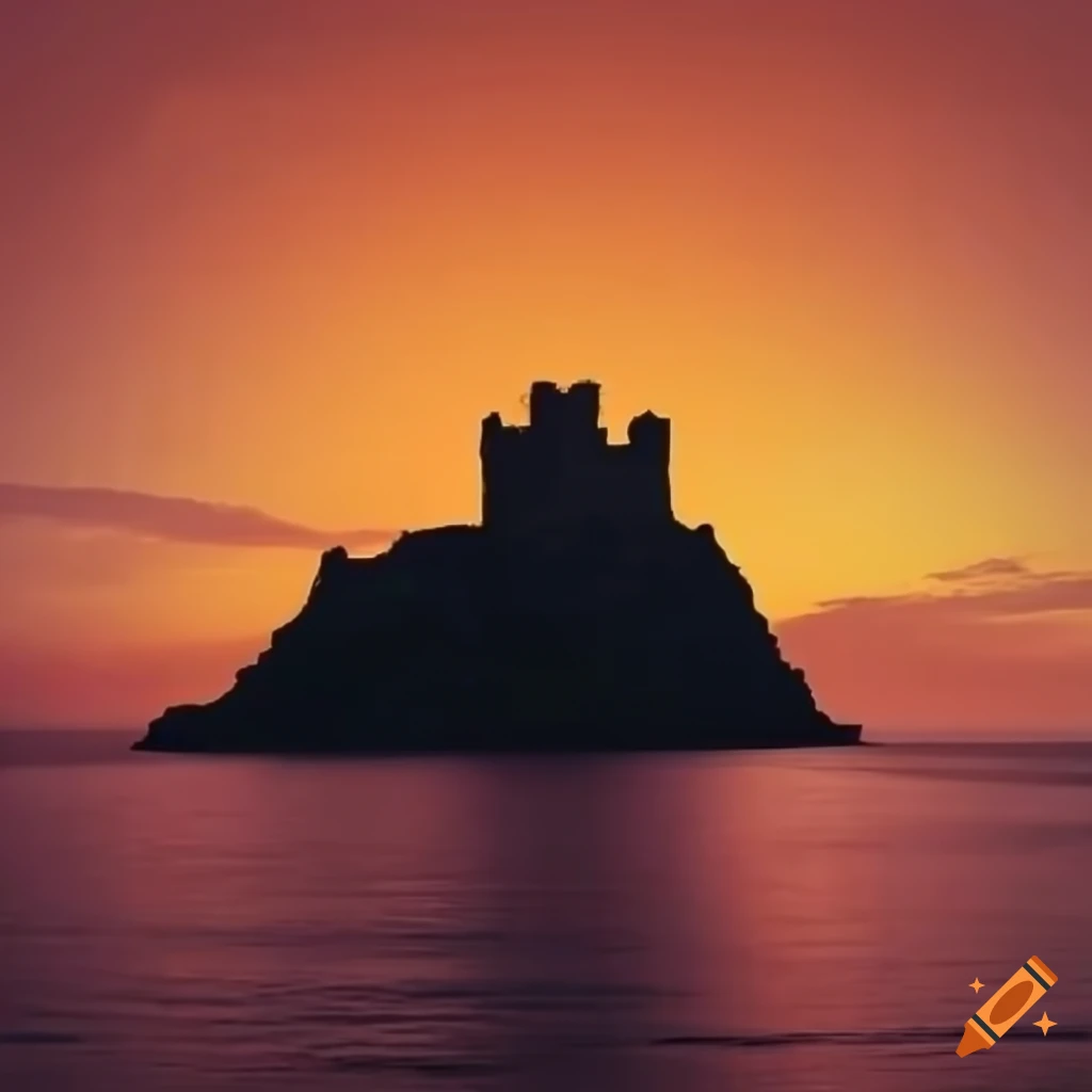 Sunset view of a castle on a cliff overlooking the beach