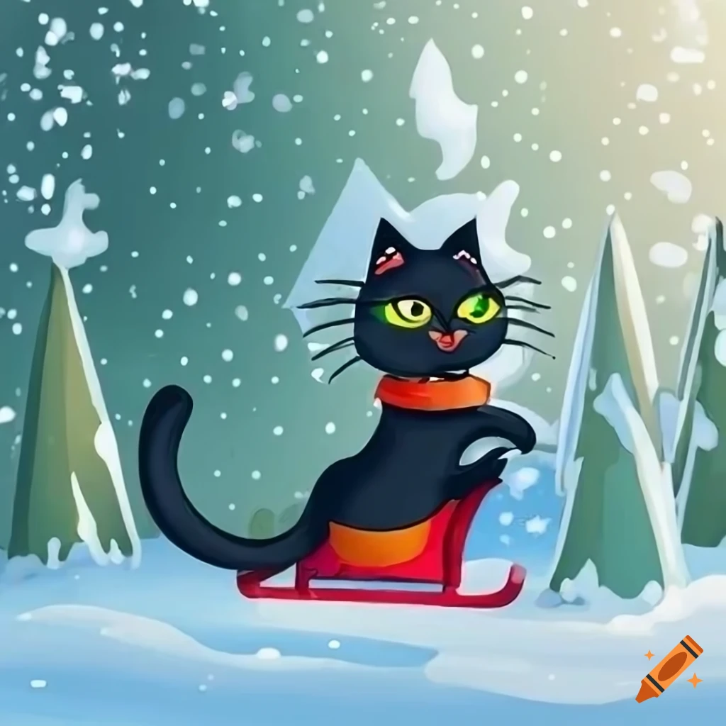 Cartoon art of a black cat on a sled in the snow on Craiyon