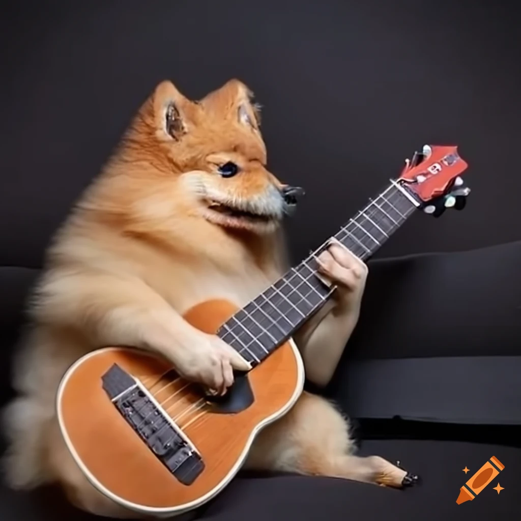 Pug playing guitar at the beach during golden hour on Craiyon
