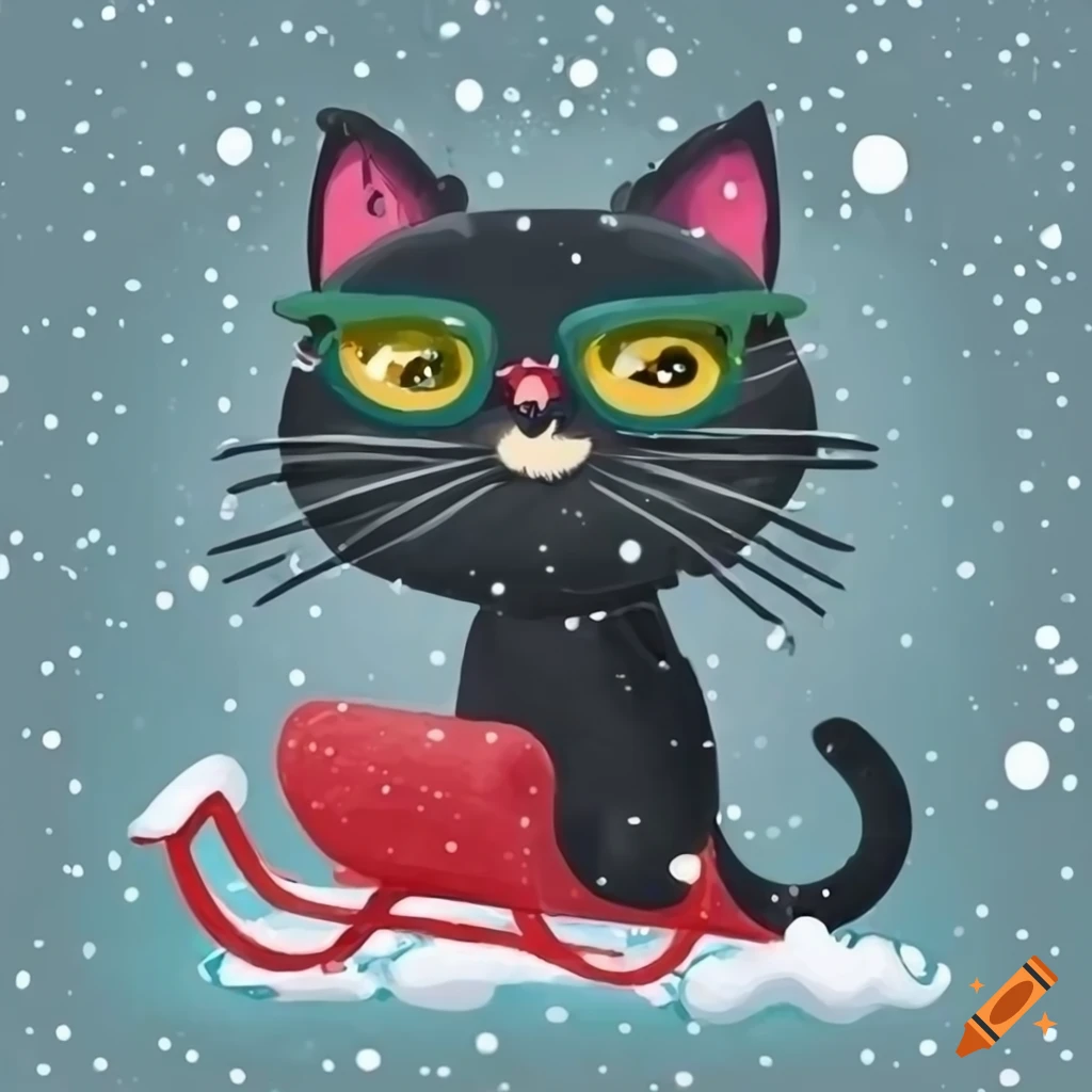 Cartoon art of a black cat riding a sled in the snow on Craiyon