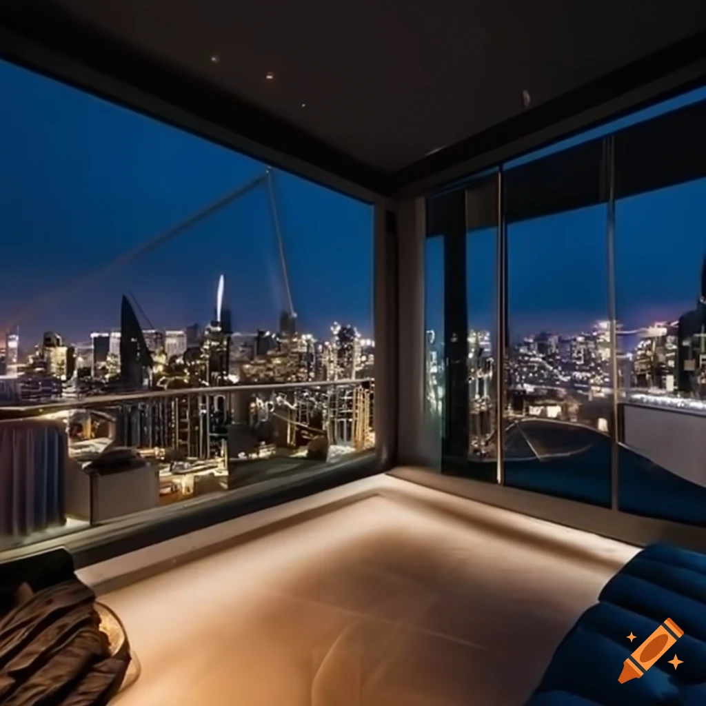 View of a modern penthouse in a city at night on Craiyon