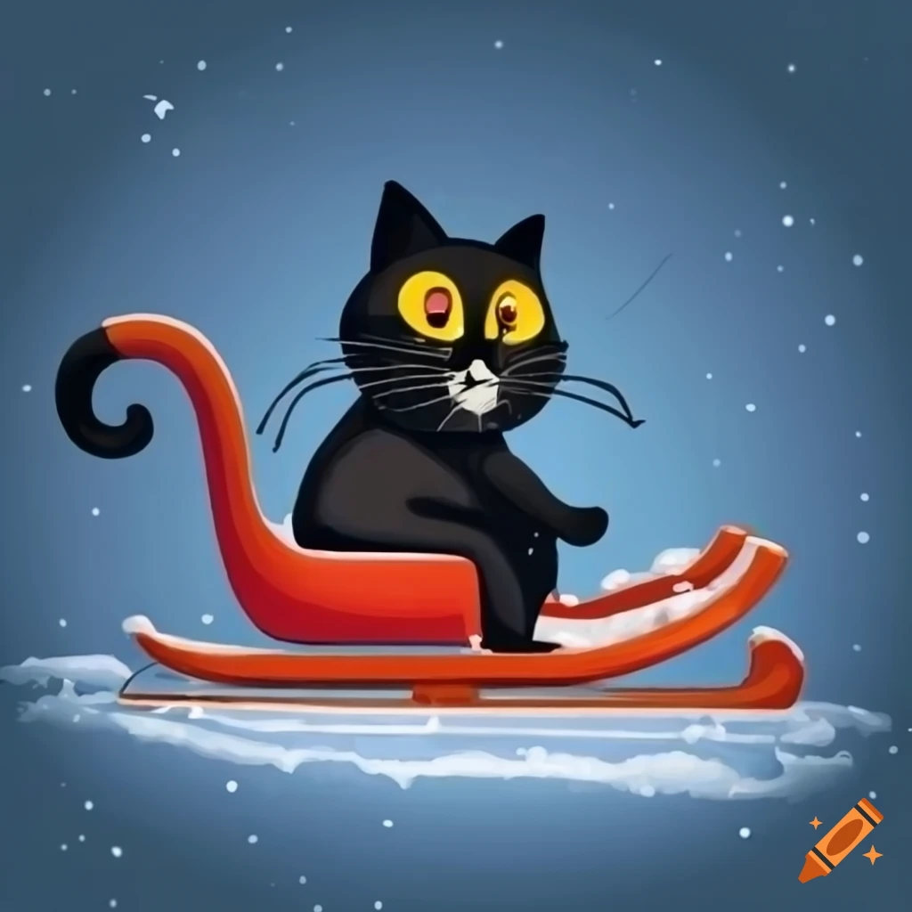 Cartoon art of a black cat sled riding in the snow on Craiyon