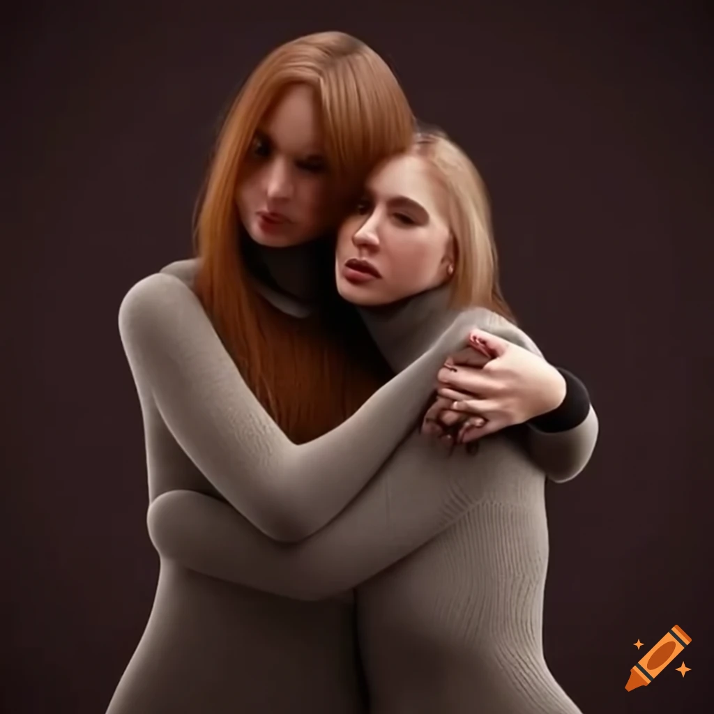 Two women in a conjoined turtleneck sweater