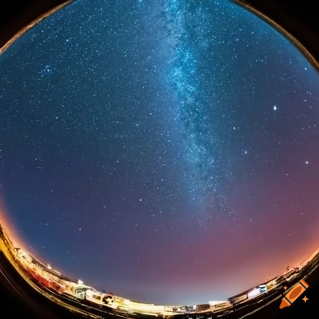 Fish-eye perspective of a starry night sky in the city on Craiyon