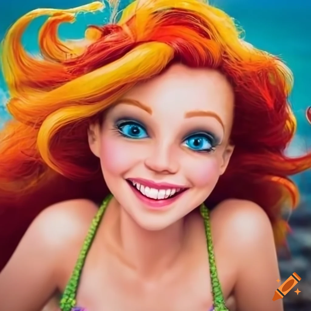 Smiling mermaid with sparkling hair on the beach on Craiyon