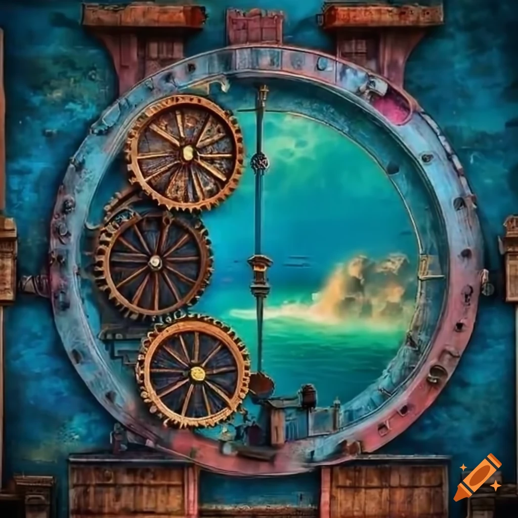 Colorful steampunk city in the ocean with circular medieval wall