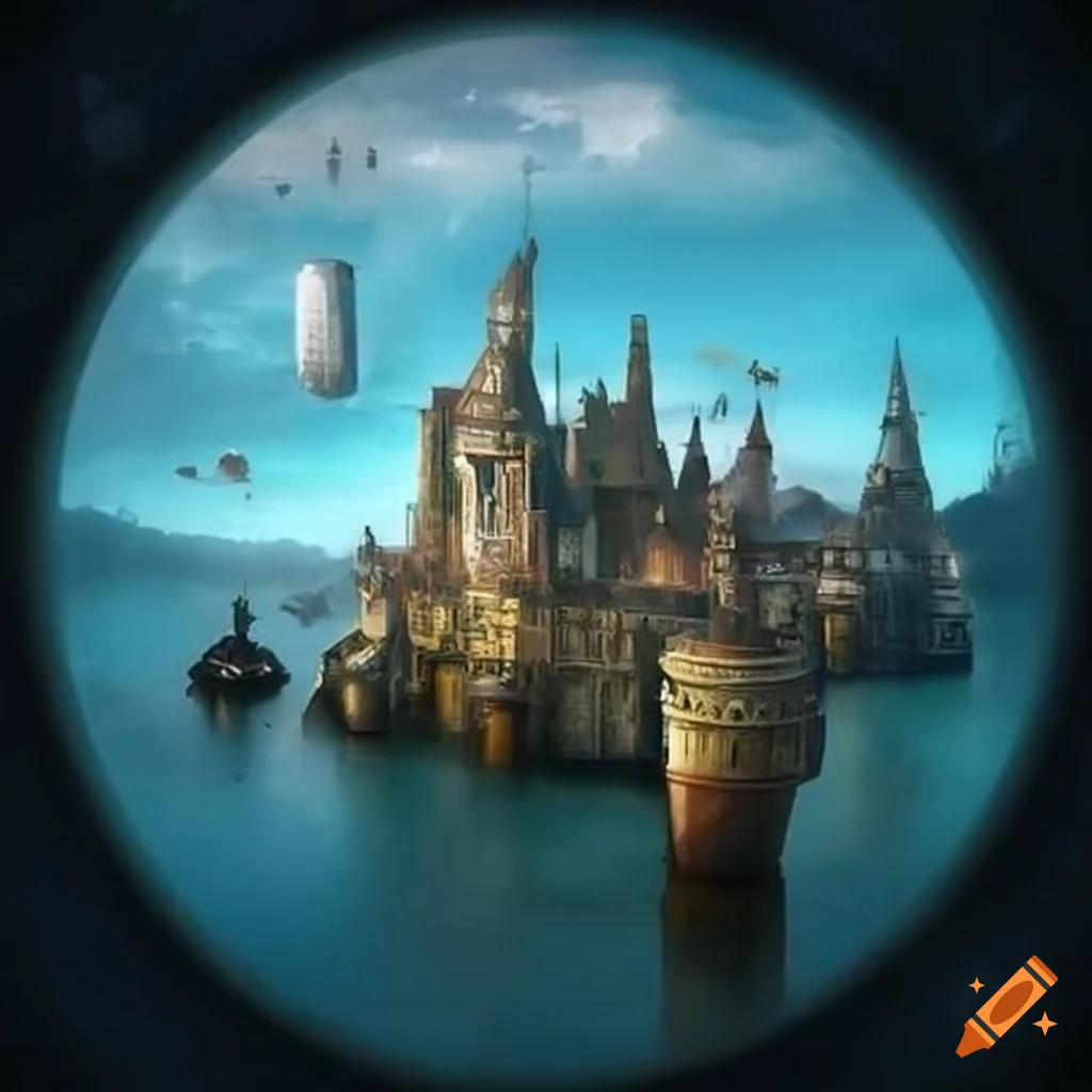 Steampunk city in the ocean with circular wall on Craiyon