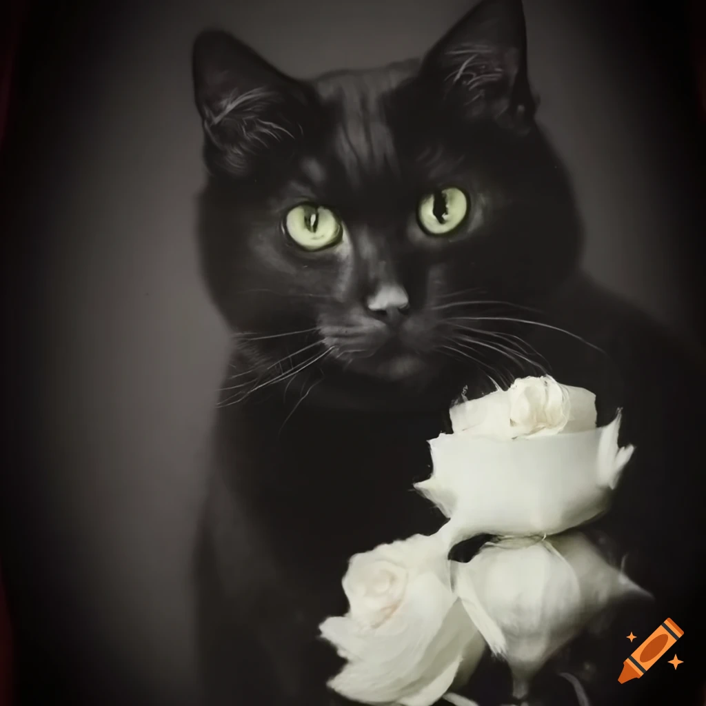 Haunting vintage photograph of a black cat with white roses on Craiyon