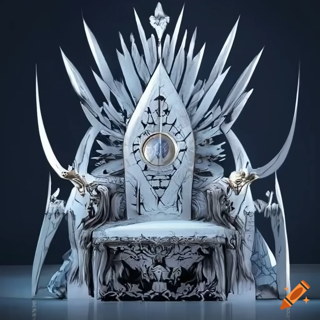 Artistic depiction of an anime-style throne with clock and metal spikes ...