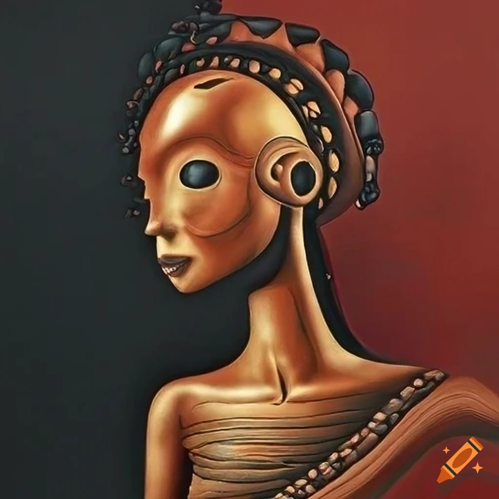 Abstract artwork of a surreal african tribe in black, copper, gold, and ...