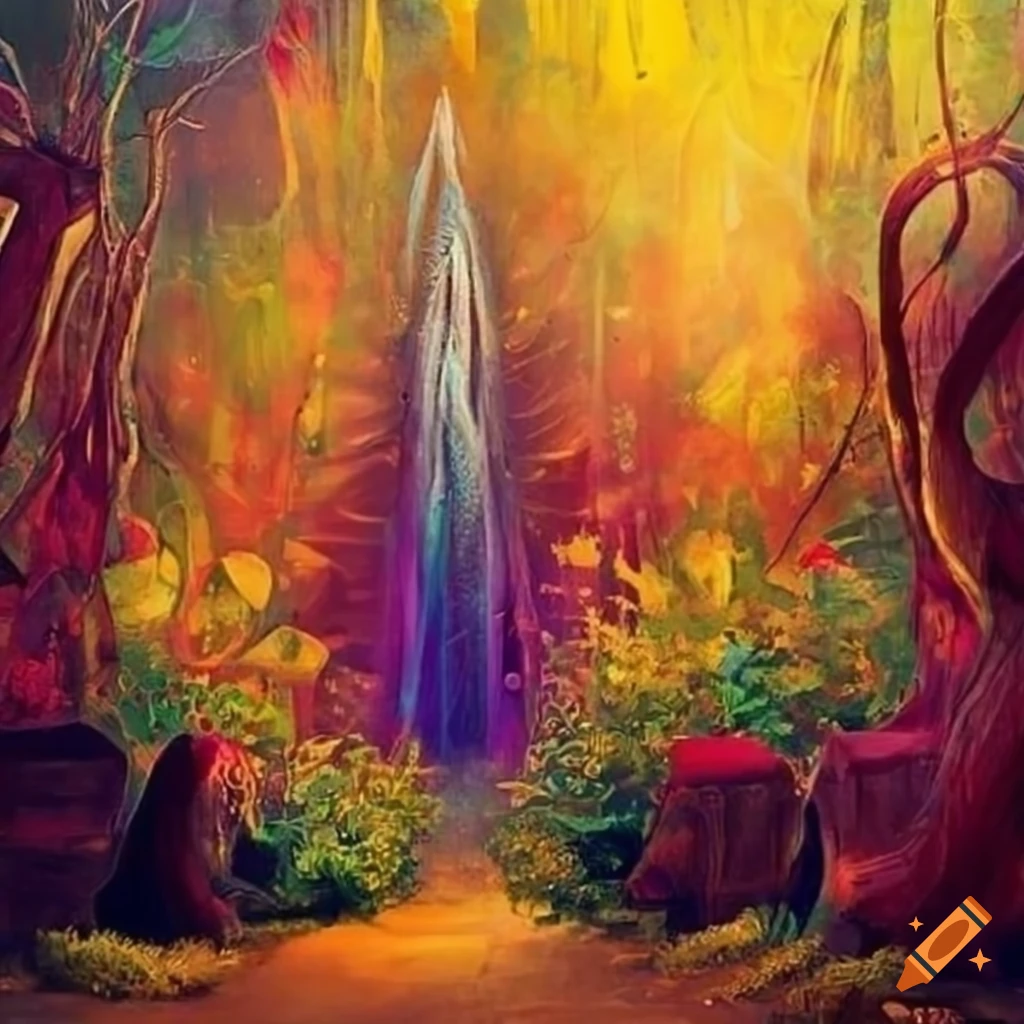 Vibrant artwork of a mystical hippie world